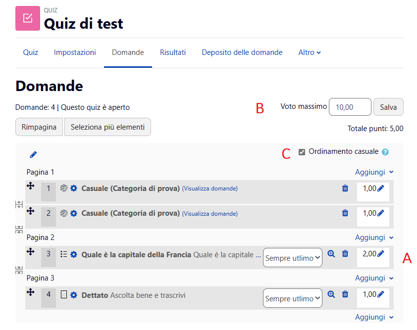 Configurazione del Quiz per un esame | Esami Blu